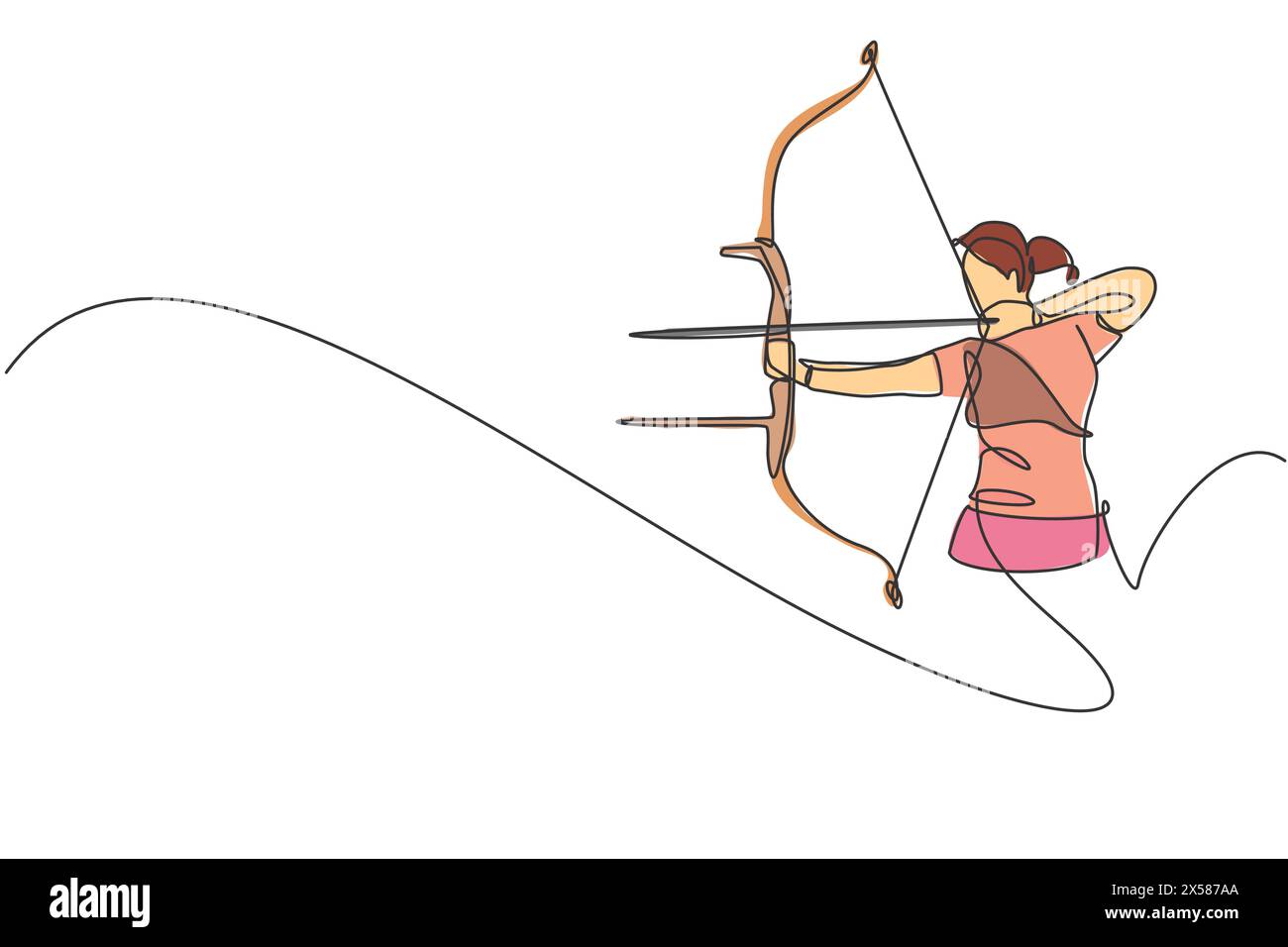 One single line drawing of young archer woman focus exercising archery ...