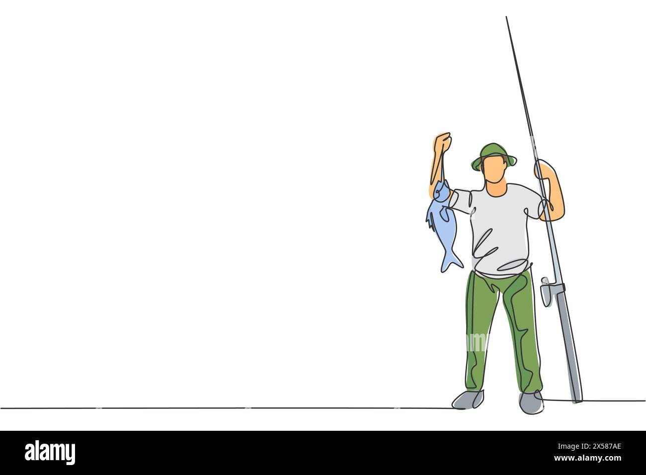 Single continuous line drawing of young happy fisher man showed his ...
