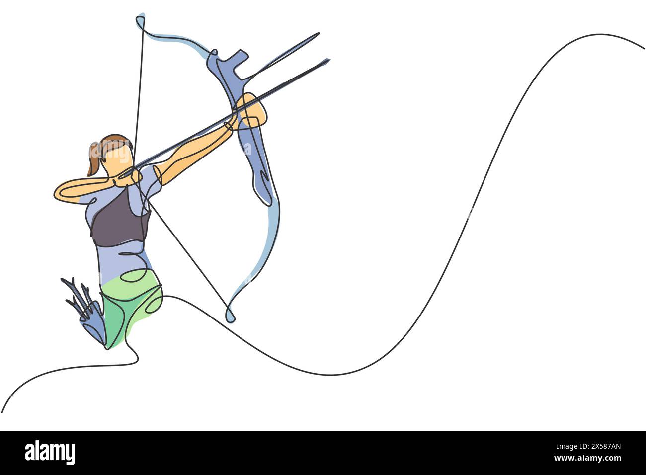 One continuous line drawing of young archer woman pulling the bow to ...
