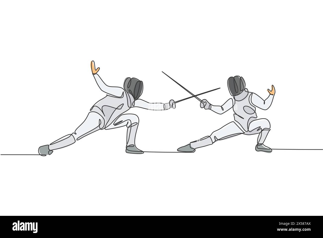 Single continuous line drawing two young fencer athlete men in fencing ...
