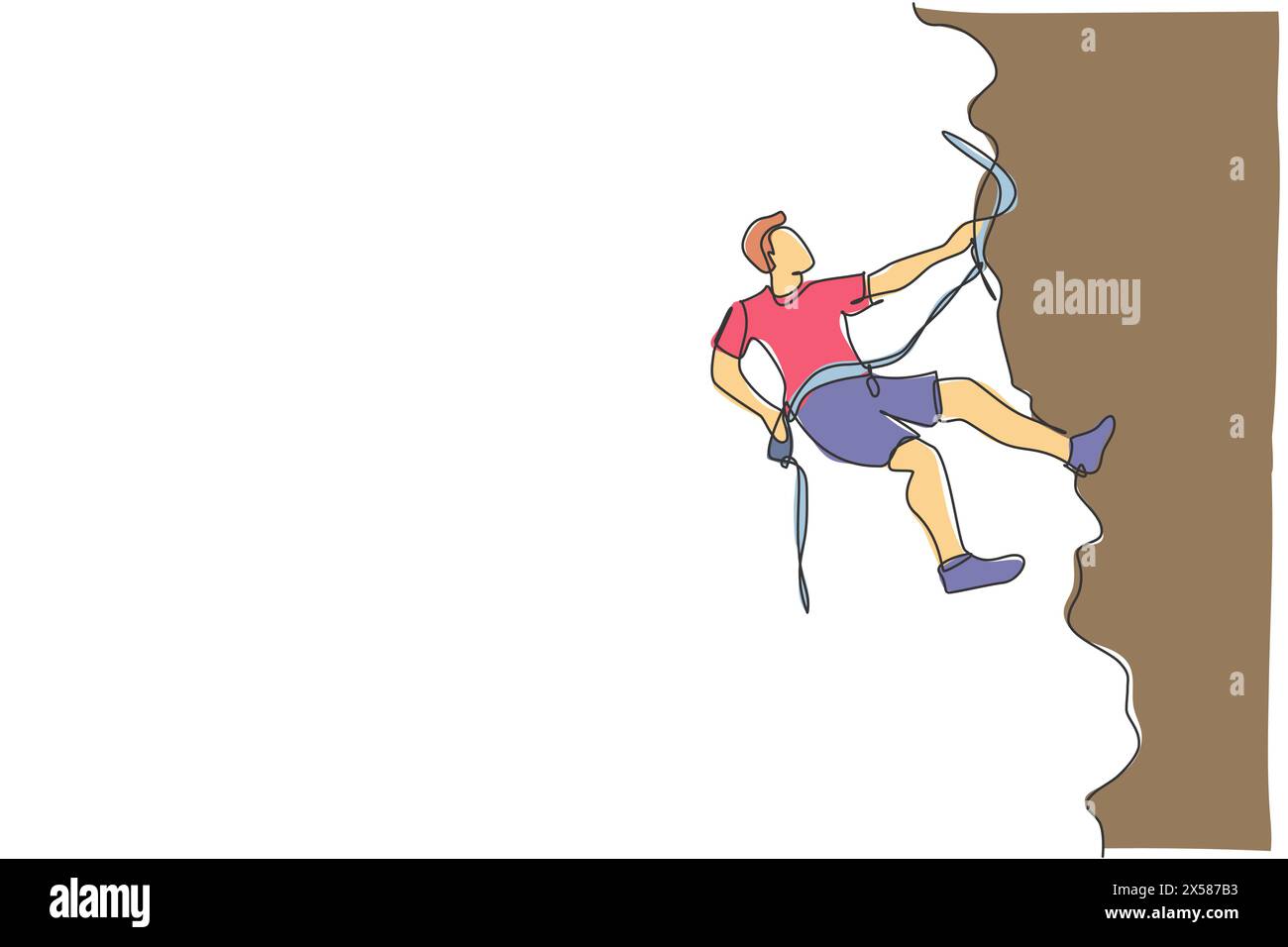 One single line drawing of young active man climbing on cliff mountain ...