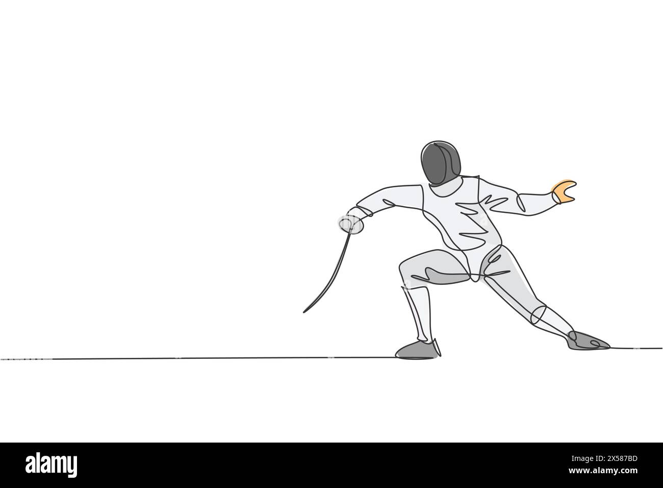 One single line drawing of young fencer athlete in fencing exercising ...