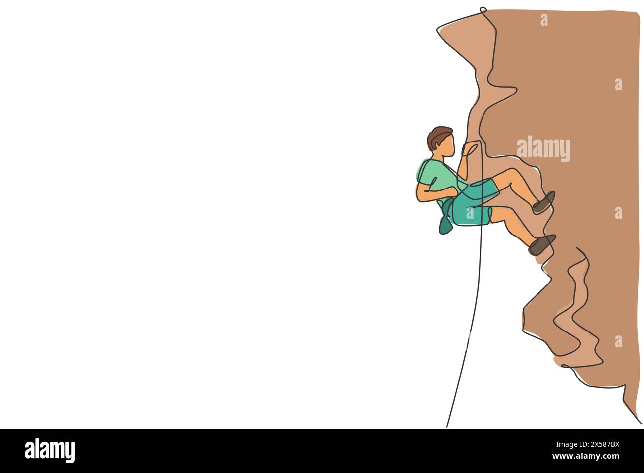 One single line drawing of young active man climbing on cliff mountain ...