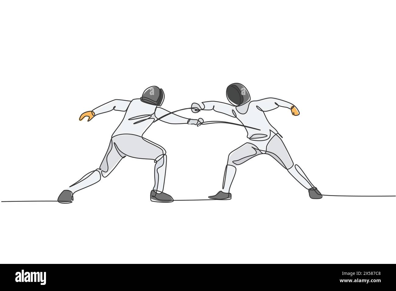One continuous line drawing of two men fencing athlete practice ...