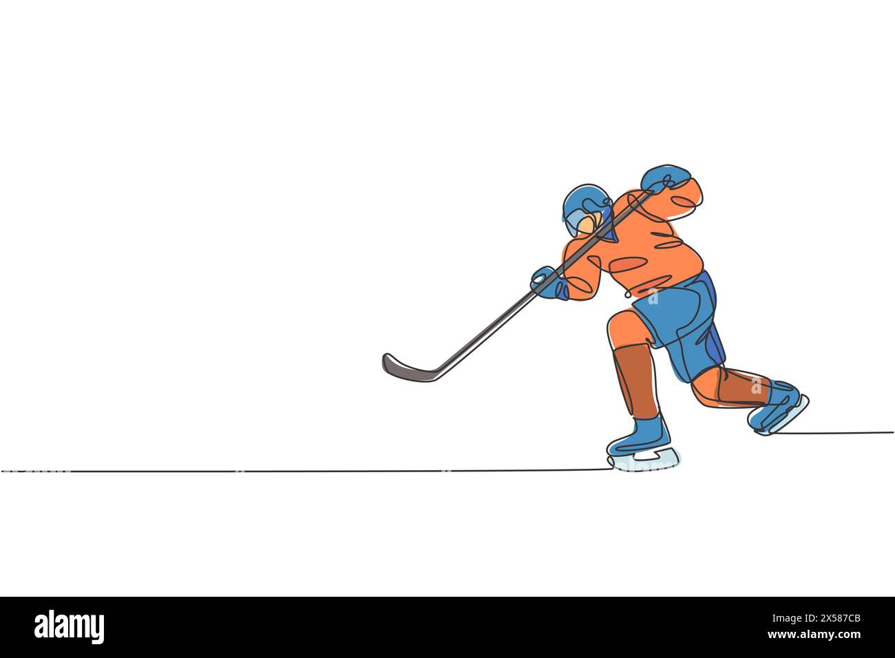 One single line drawing of young ice hockey player in action to play a ...