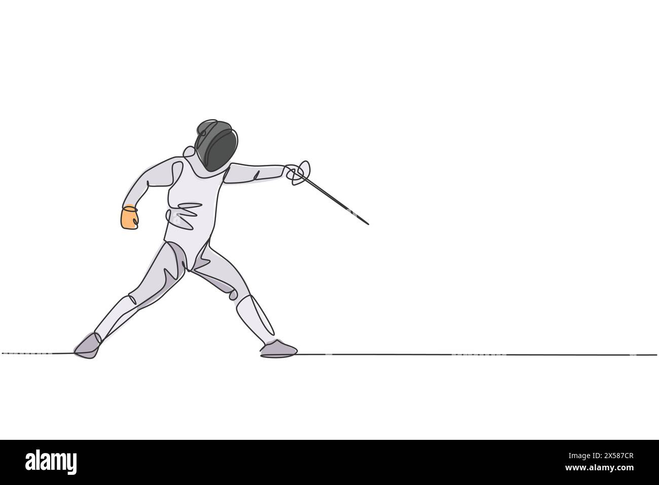 One continuous line drawing young man fencing athlete practice fighting ...