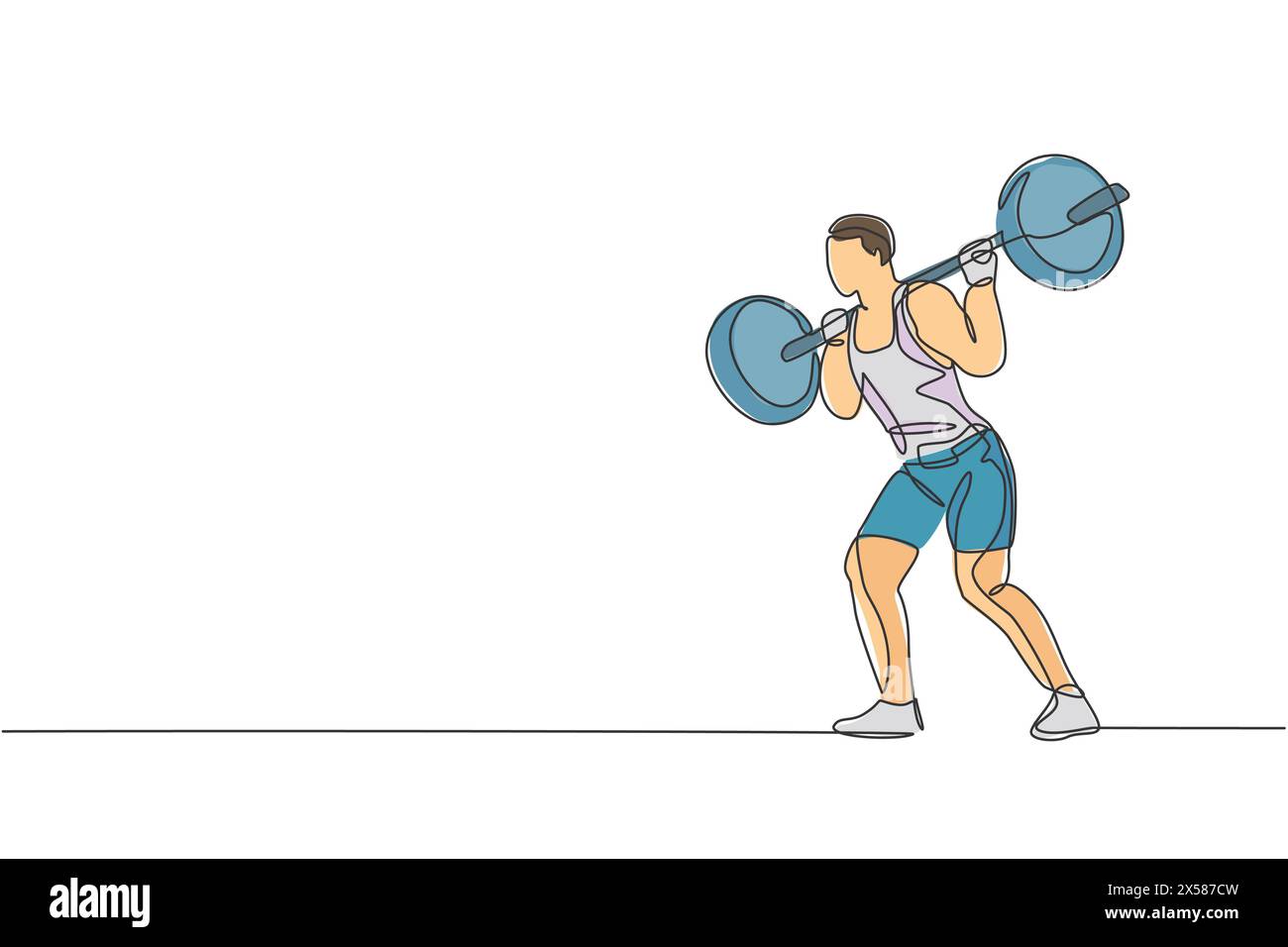 Single continuous line drawing of young strong weightlifter man preparing for barbell workout in ...