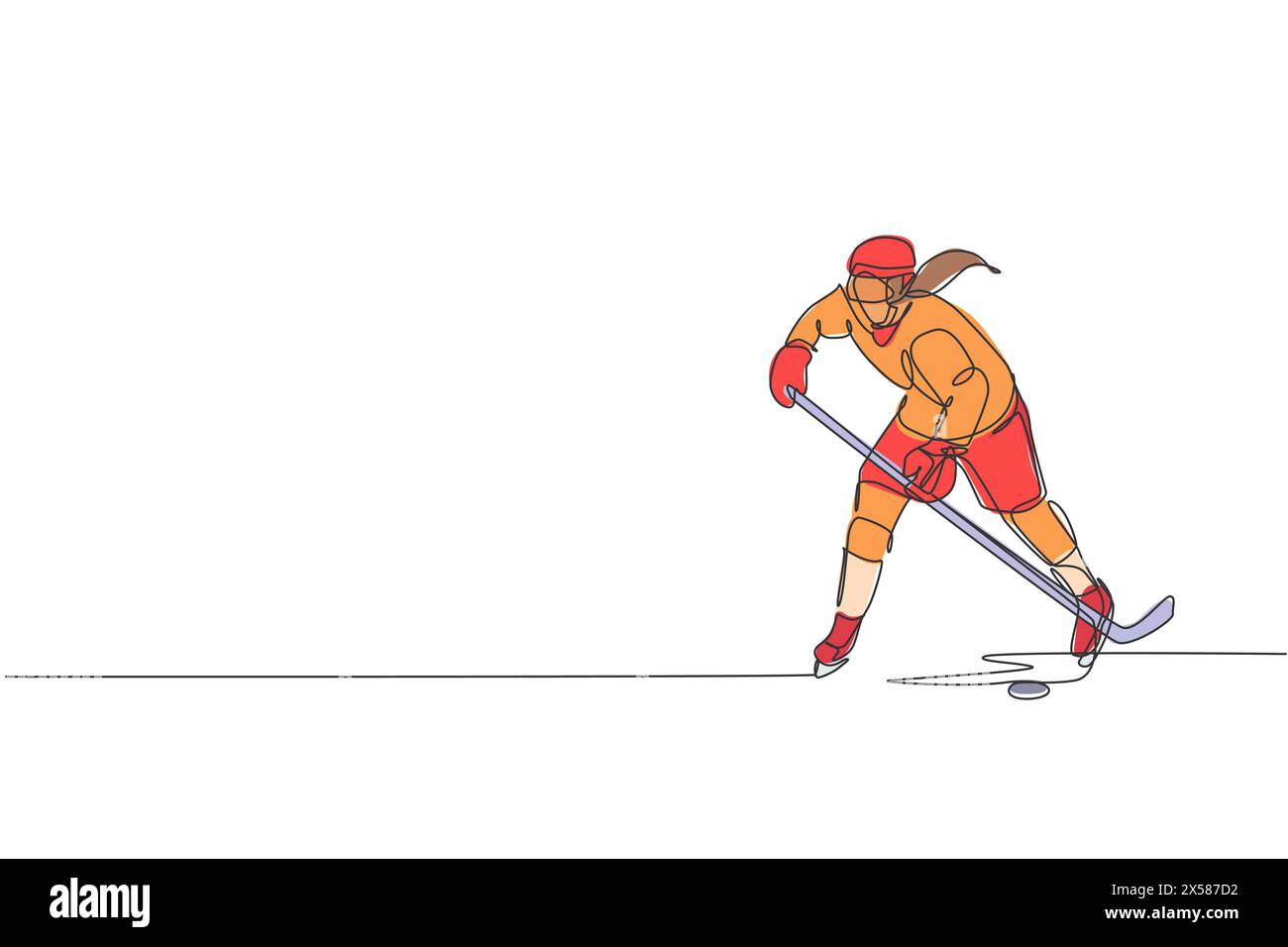 One single line drawing of young ice hockey player in action to play a ...