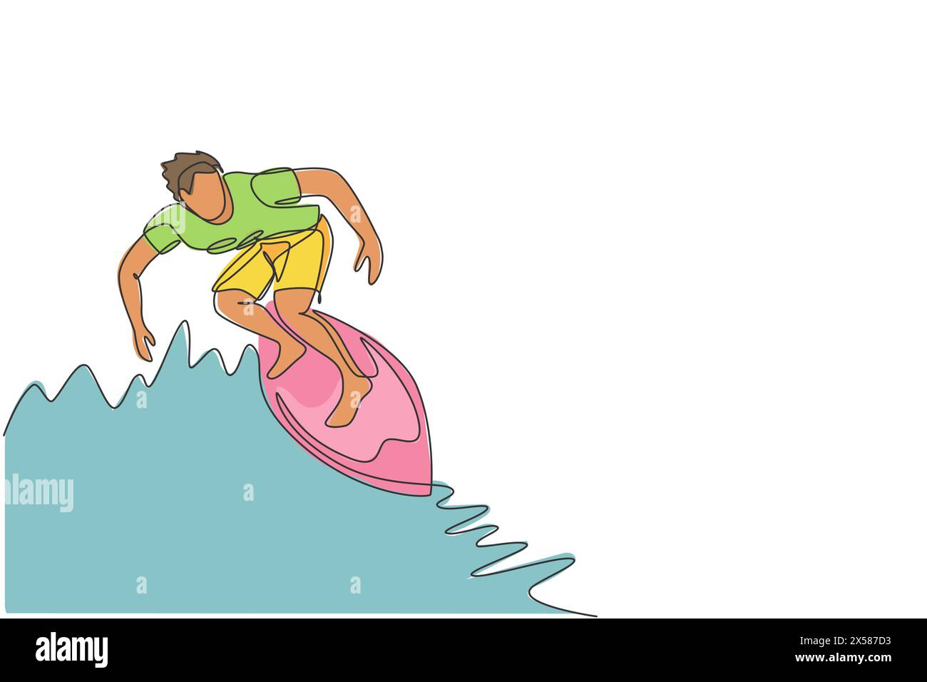 One single line drawing of young sporty surfer man riding on big waves ...