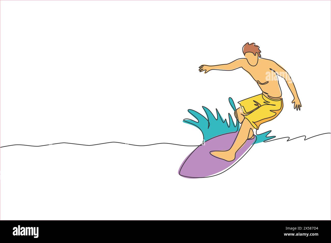 Single continuous line drawing young professional surfer in action ...