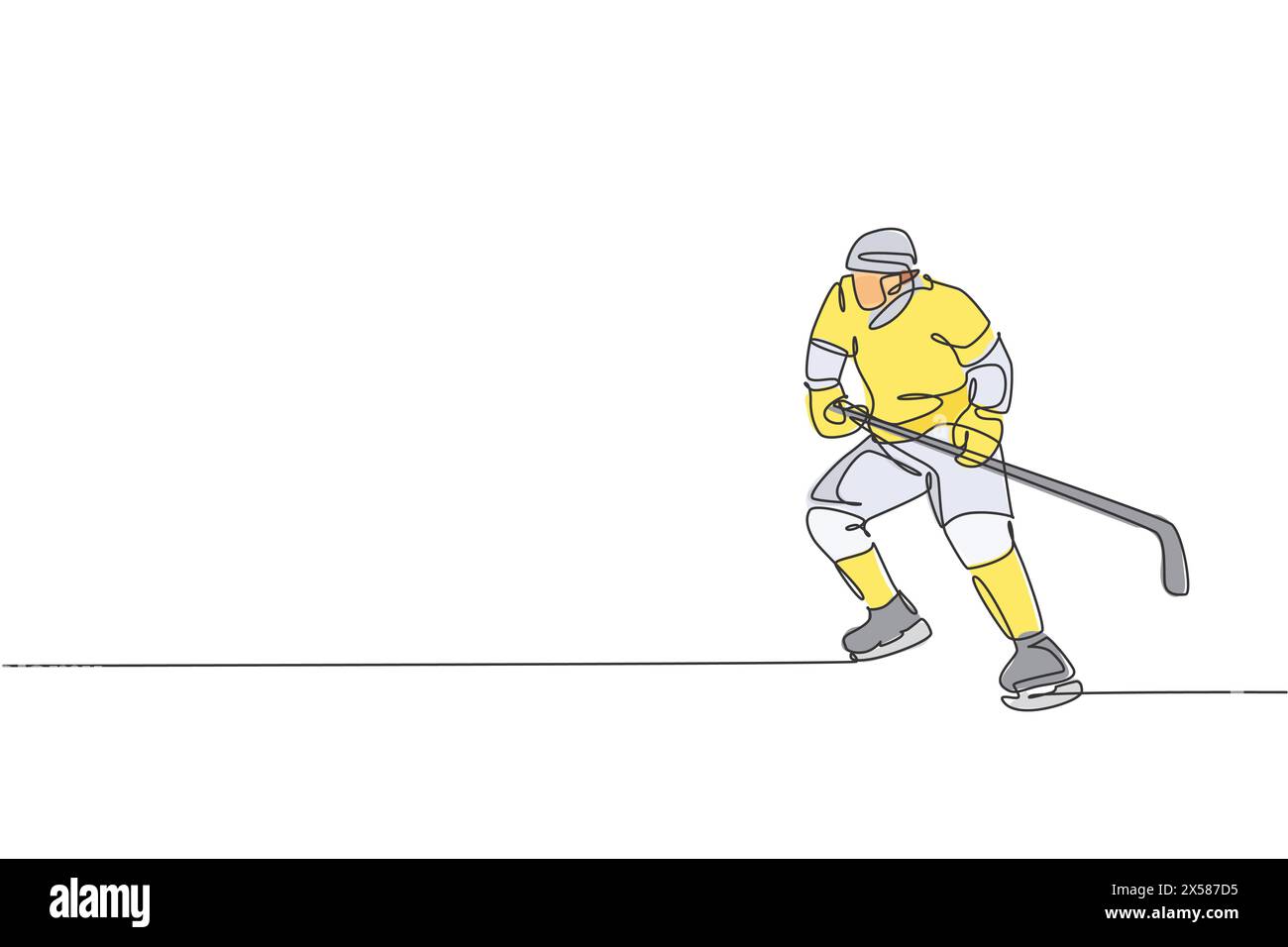 One continuous line drawing of young professional ice hockey player ...