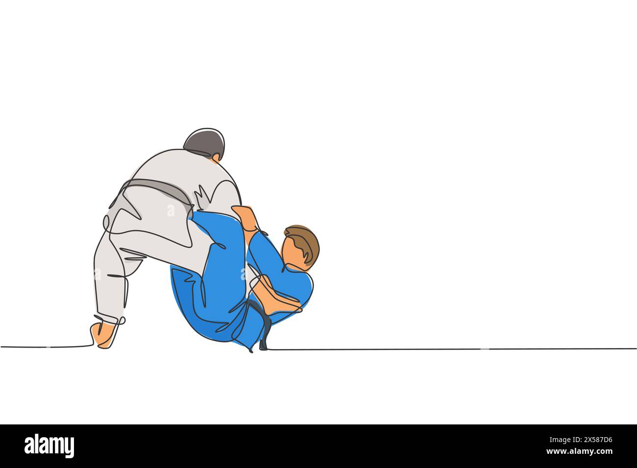 One single line drawing of two young energetic judokas fighter men ...