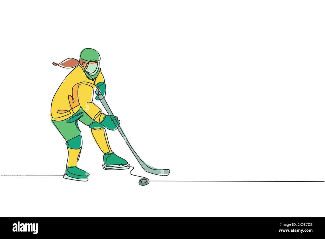 One single line drawing of young ice hockey player in action to play a ...