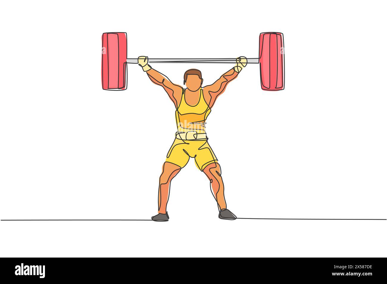 One single line drawing of fit young athlete muscular man lifting barbells working out at a gym ...