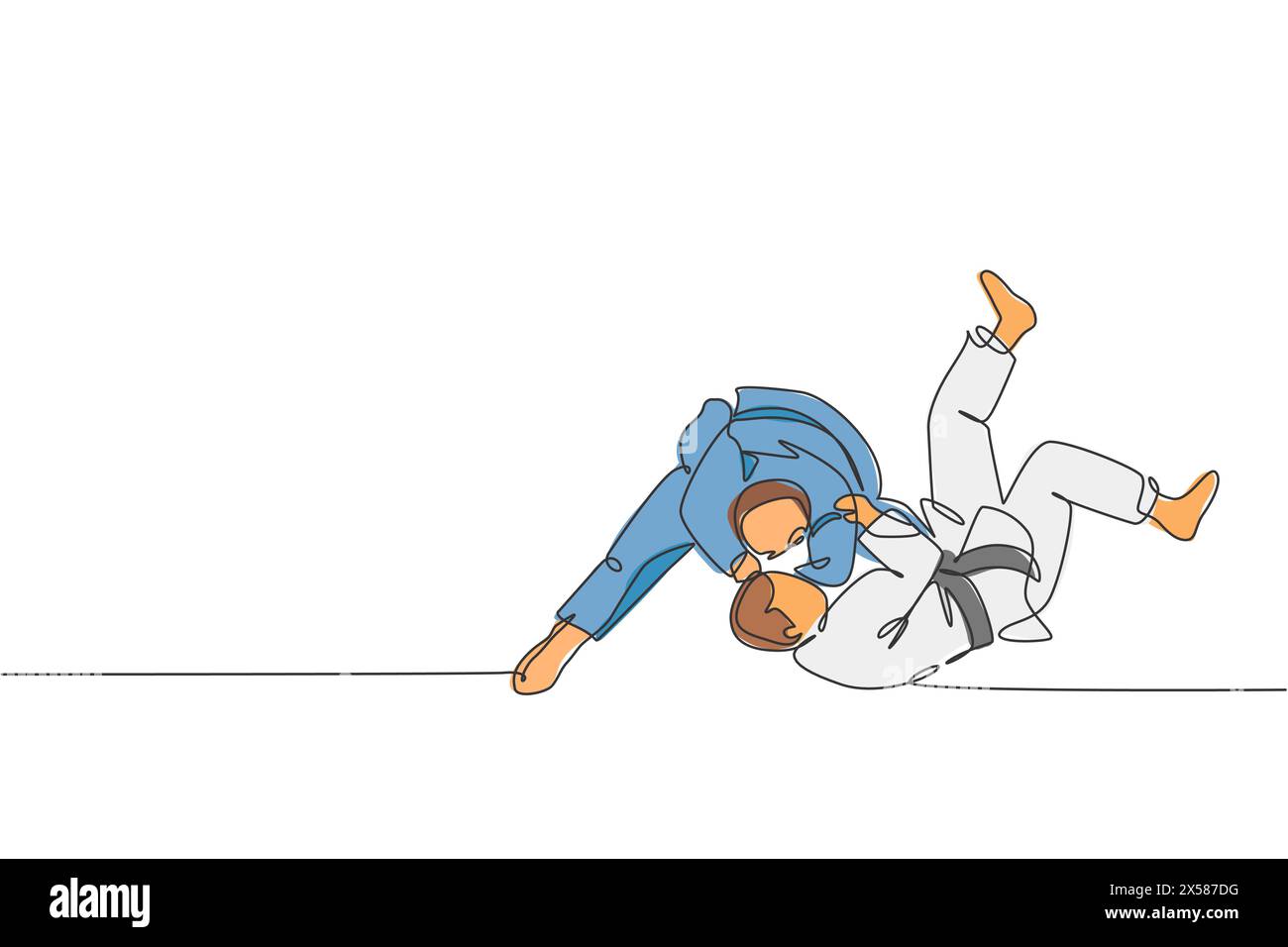 Single continuous line drawing of two young sportive judoka fighter men ...