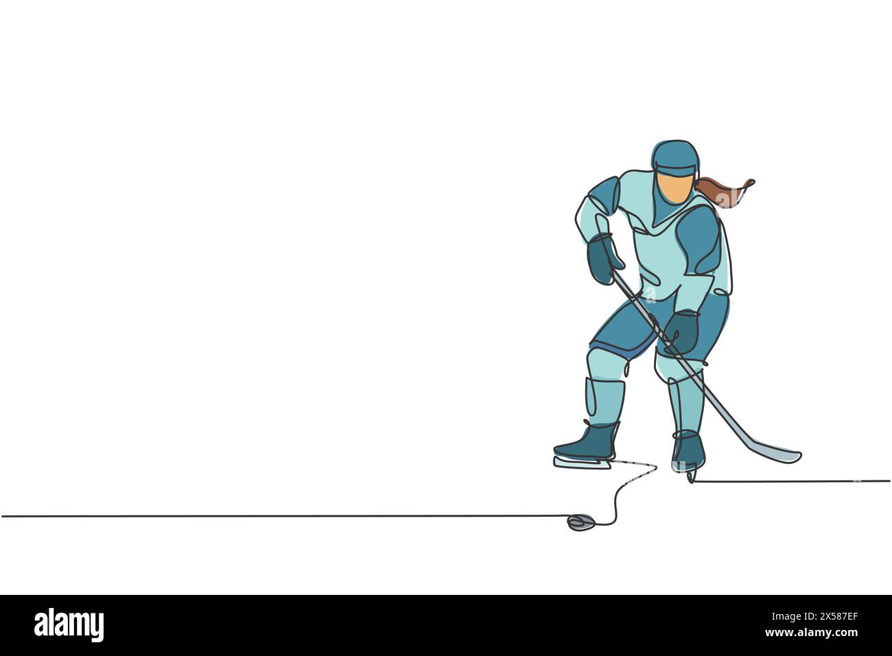 One single line drawing of young ice hockey player in action to play a ...