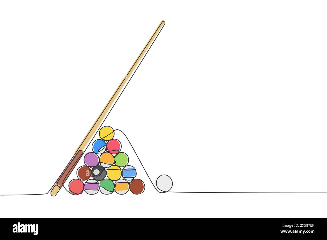 One continuous line drawing of triangle pyramid balls stack for pool billiards game at billiard ...