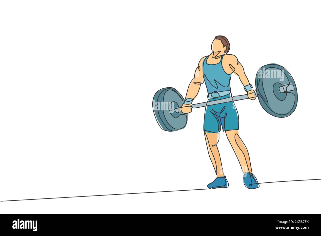 One continuous line drawing of young bodybuilder man doing exercise with a heavy weight bar in ...