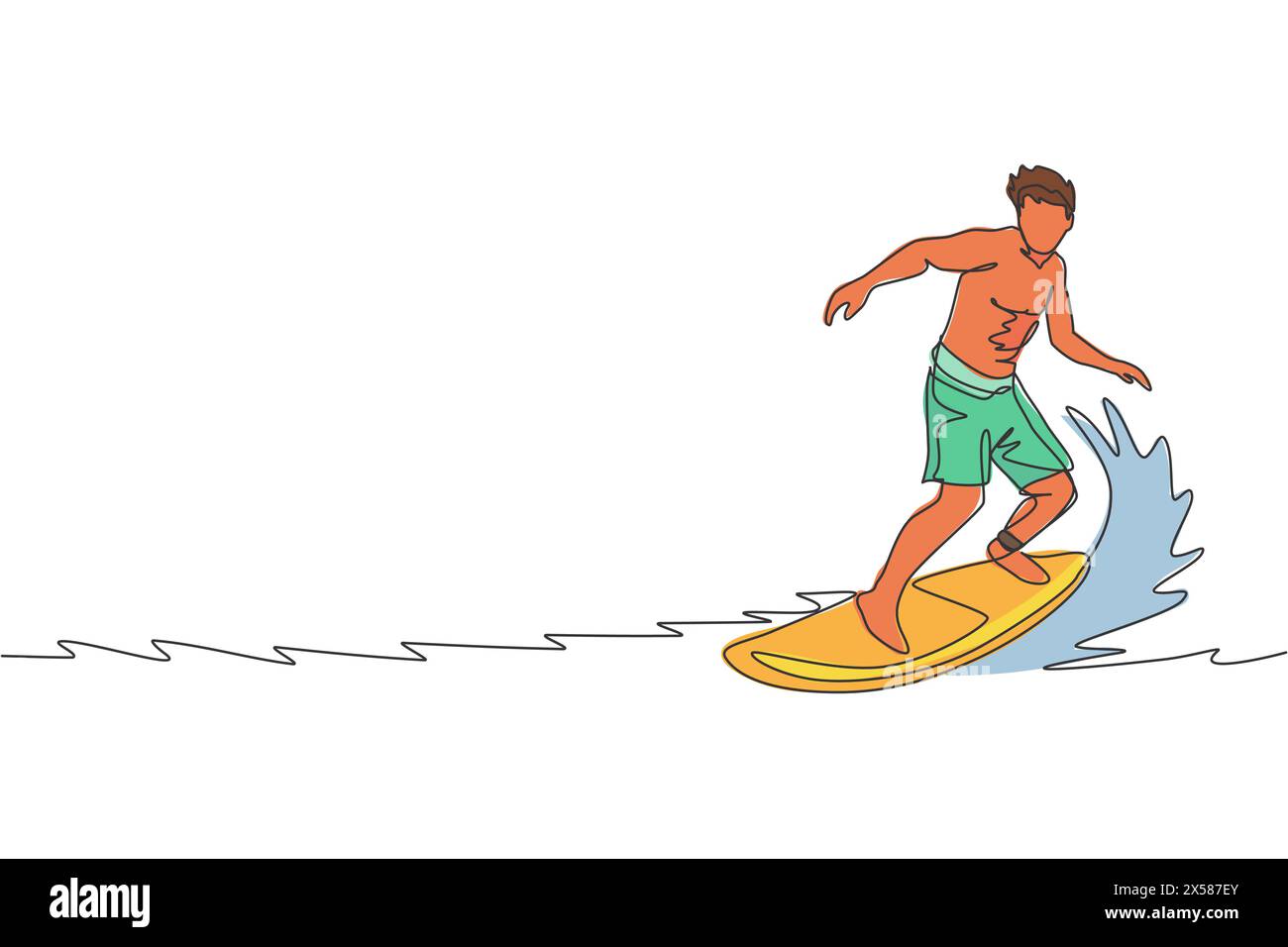 One continuous line drawing young happy tourist surfer exercising ...