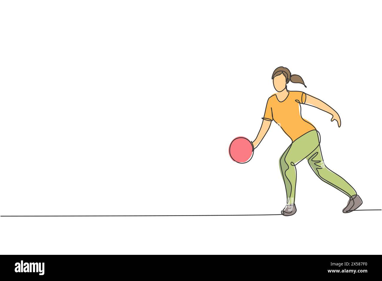 One continuous line drawing of young happy bowling player woman throw ...
