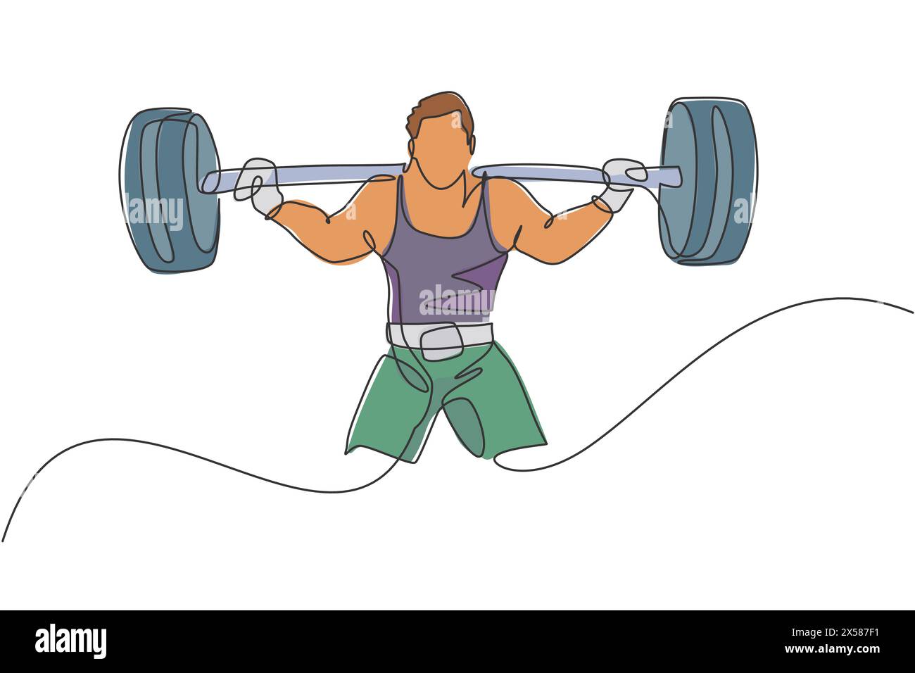 Single continuous line drawing of young strong weightlifter man preparing for barbell workout in ...