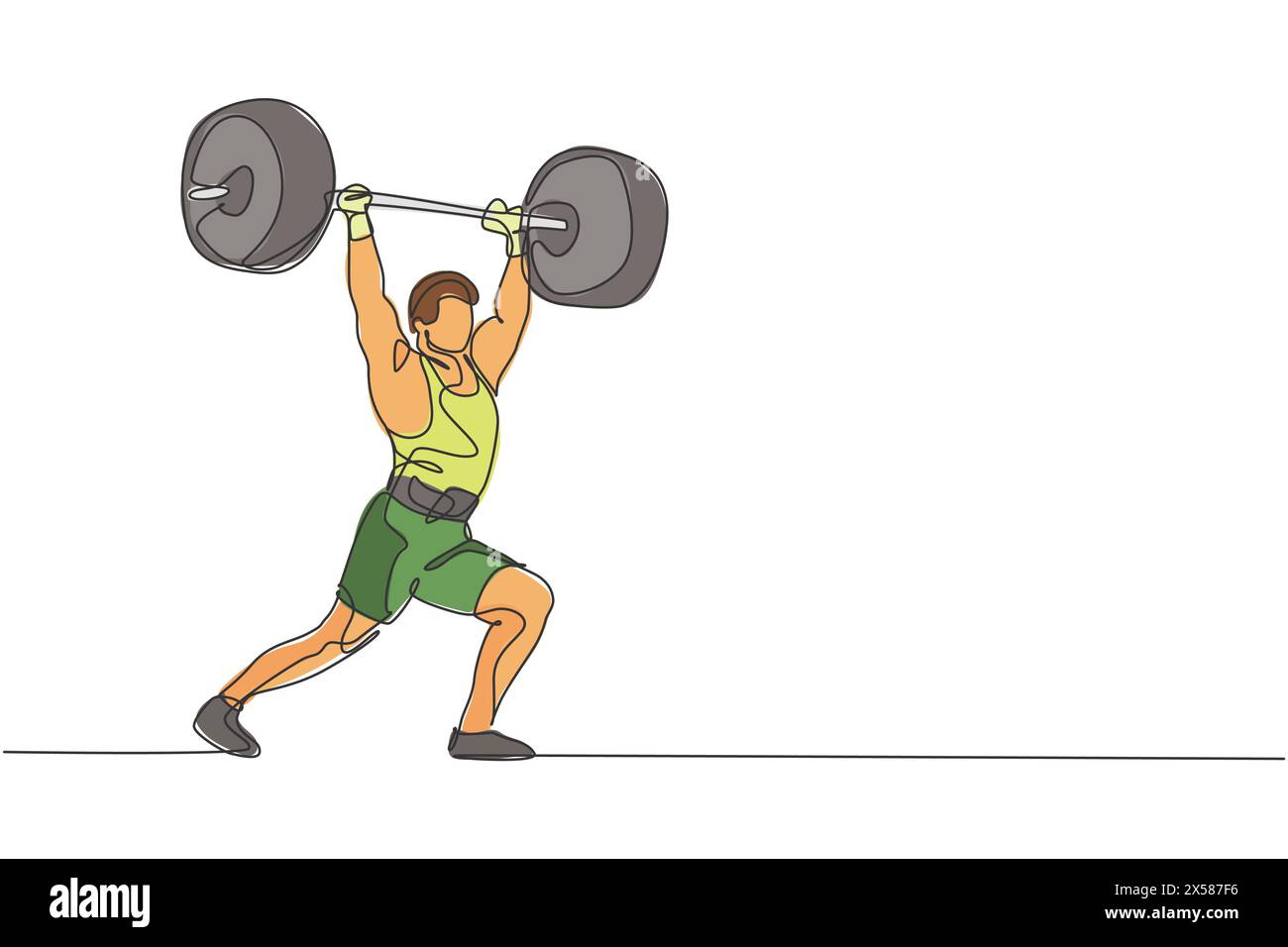 One continuous line drawing of young bodybuilder man doing exercise with a heavy weight bar in ...