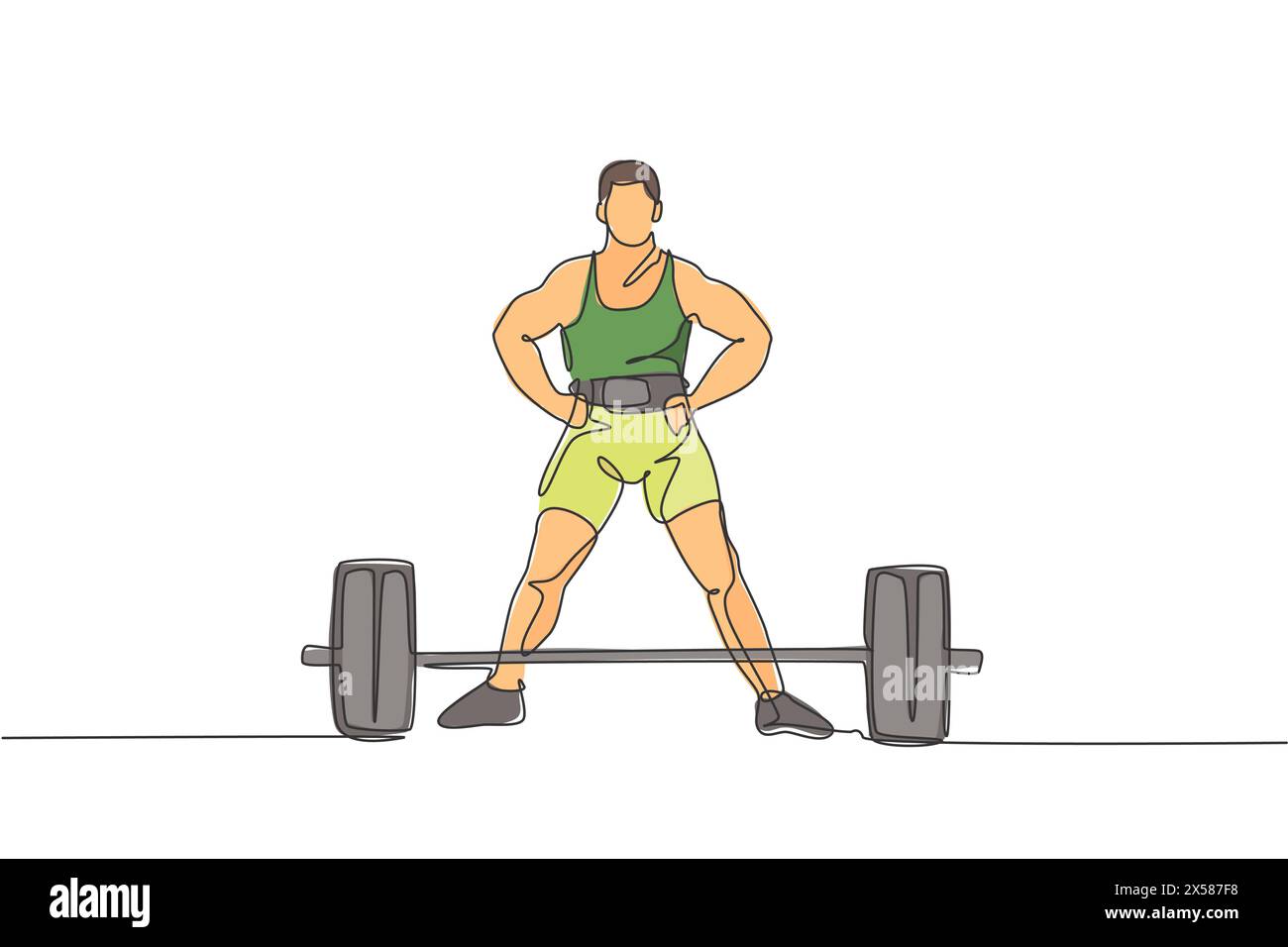 One continuous line drawing of young bodybuilder man doing exercise with a heavy weight bar in ...