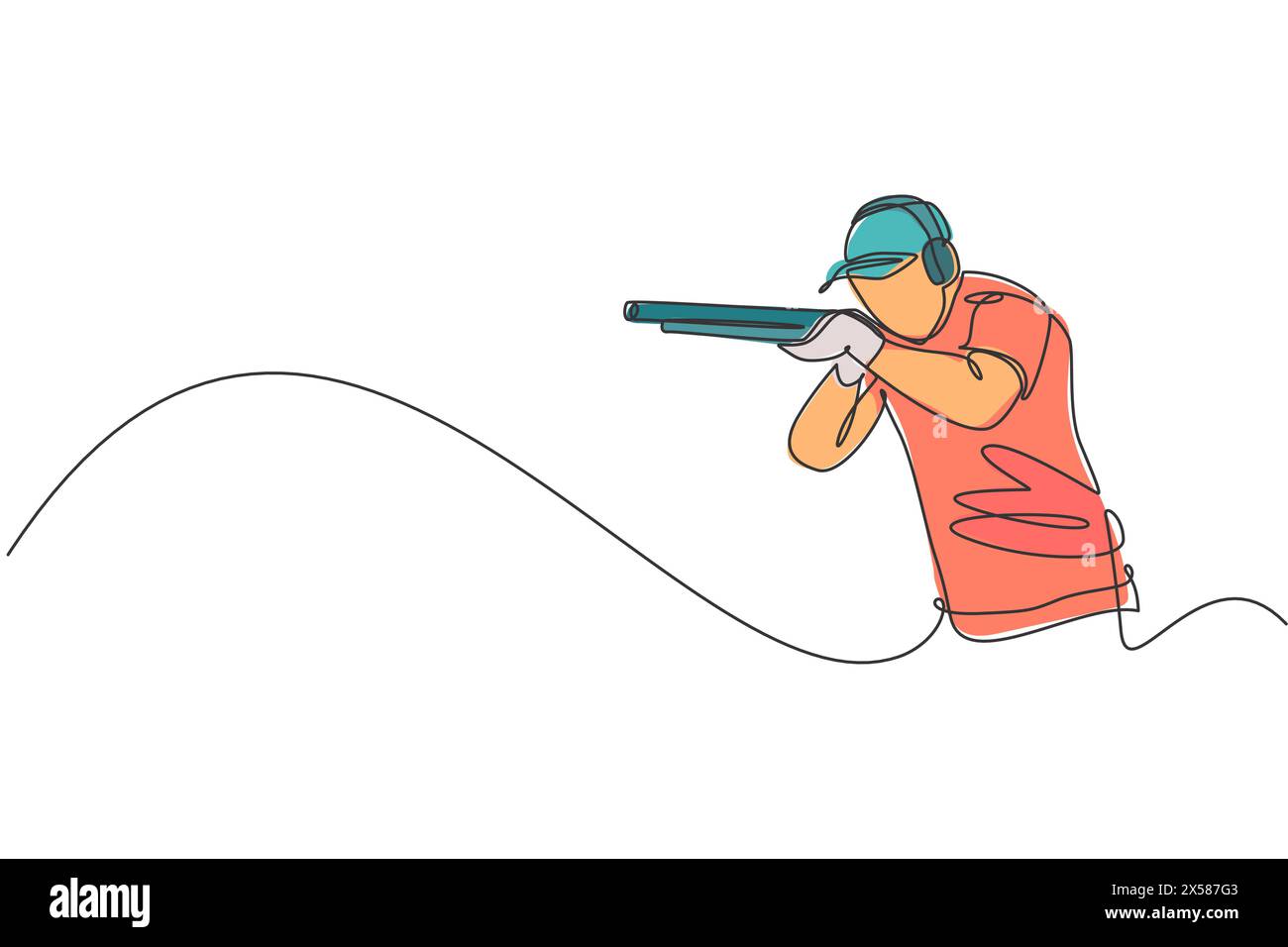 One continuous line drawing of young man on shooting training ground ...