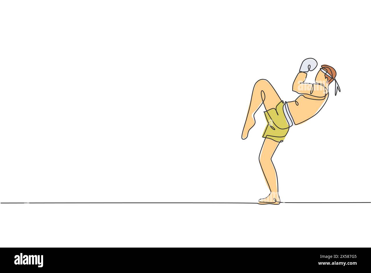 Single continuous line drawing young sportive man training thai boxing ...
