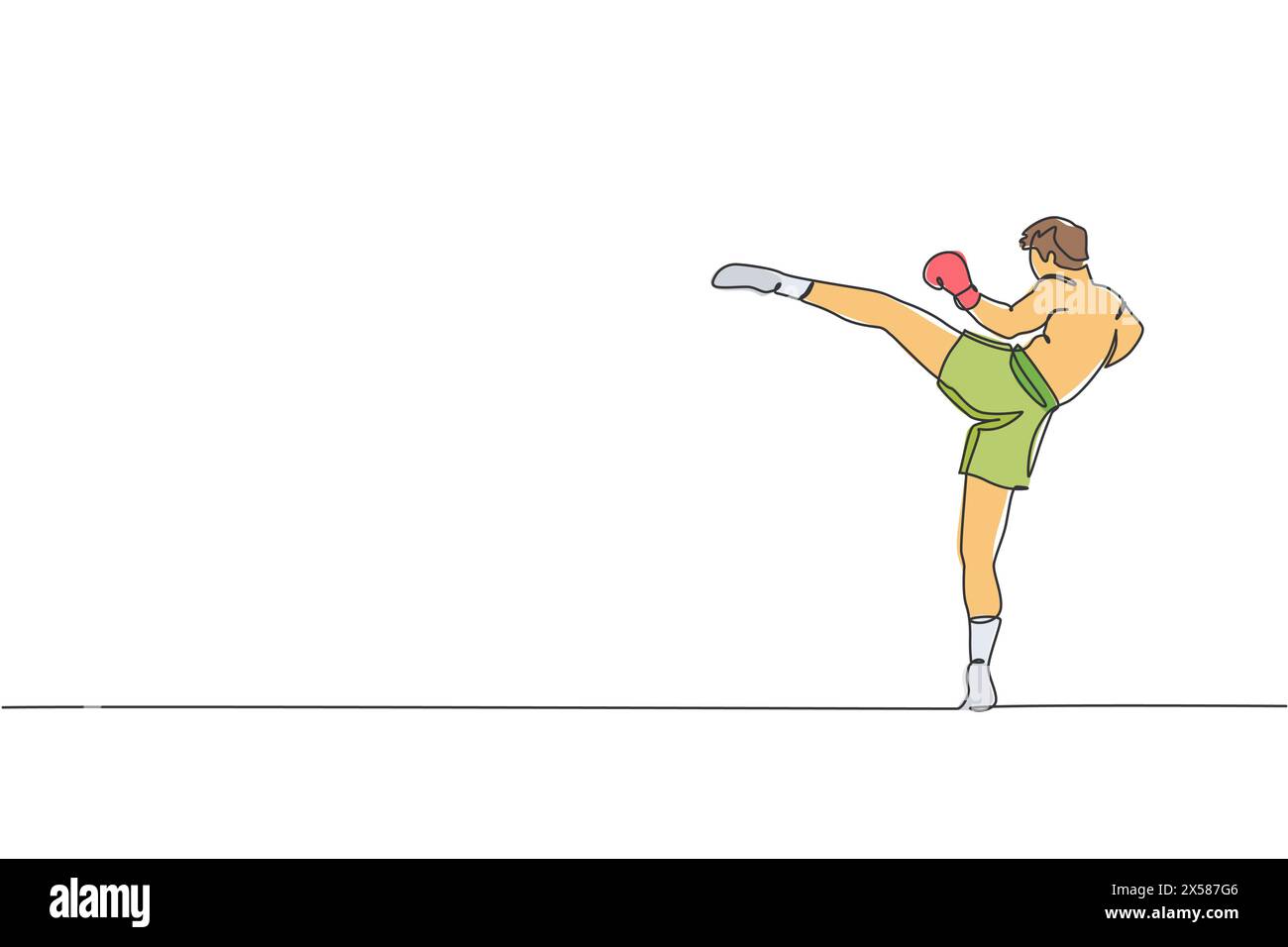 Single continuous line drawing young sportive man training thai boxing ...