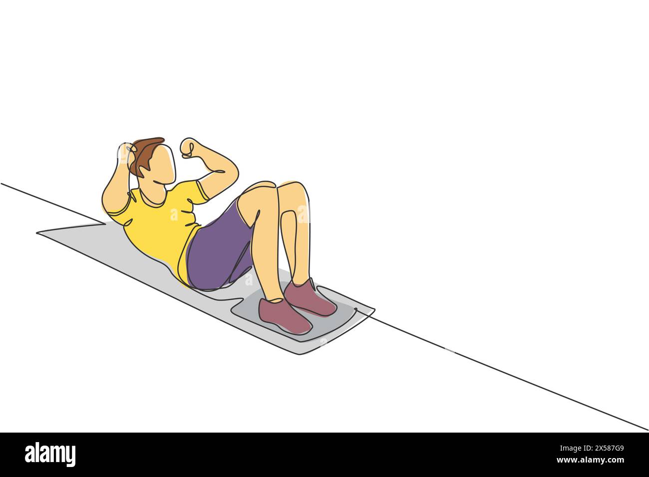 Single continuous line drawing of young happy man exercising doing sit ...