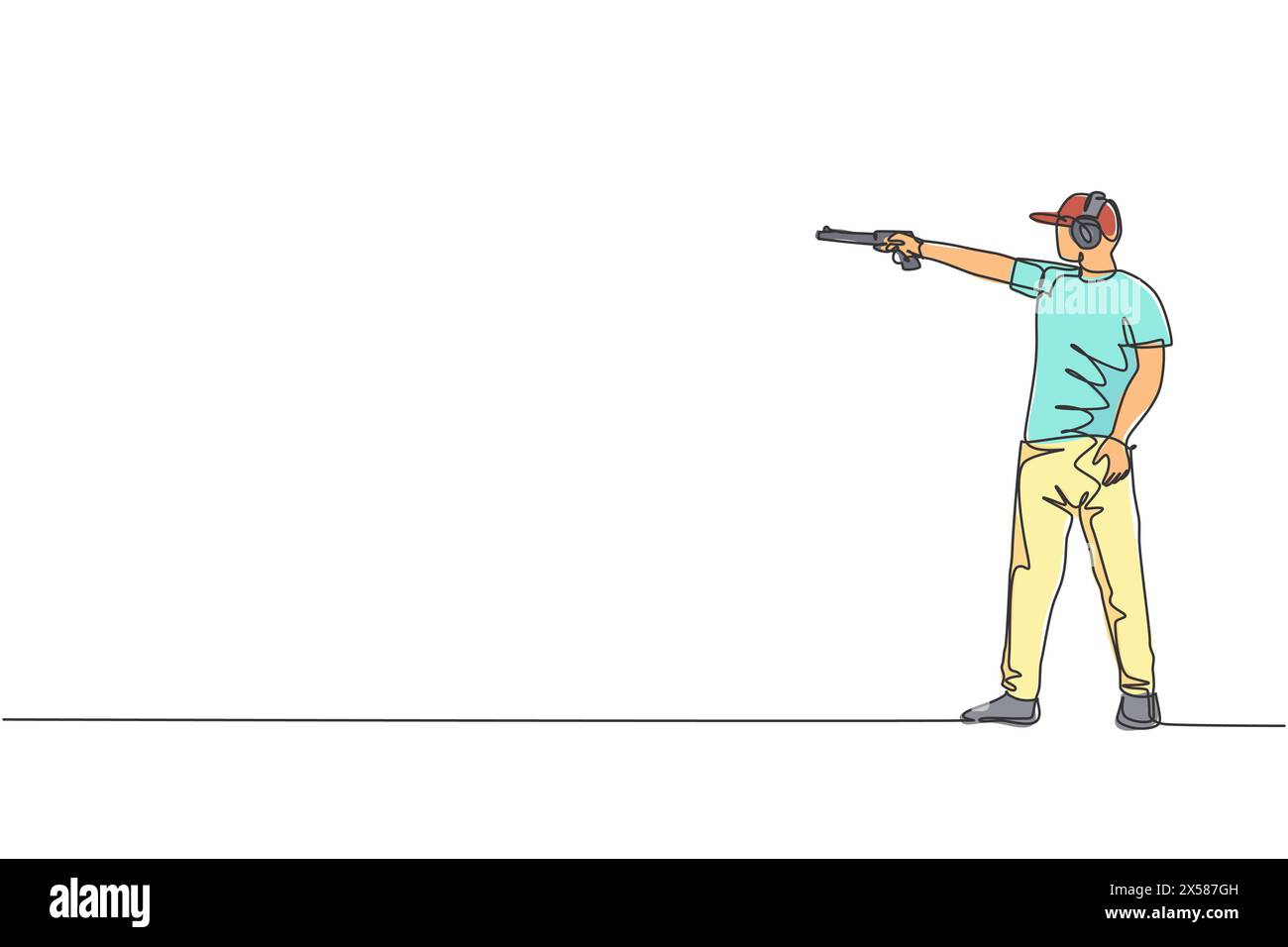 One continuous line drawing of young man on shooting training ground ...