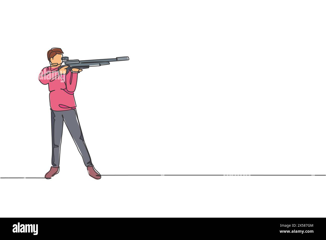 One continuous line drawing of young man on shooting training ground ...