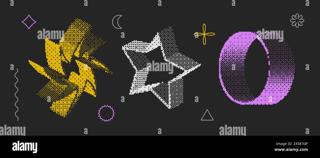 Bitmap textured shape set. Dither halftone objects collection. Colorful ...
