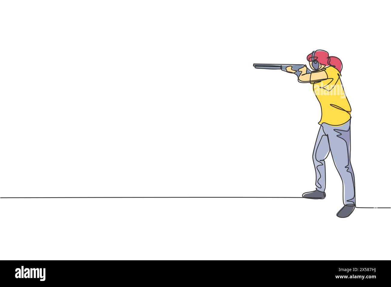 One single line drawing young woman practicing to shot target in range ...