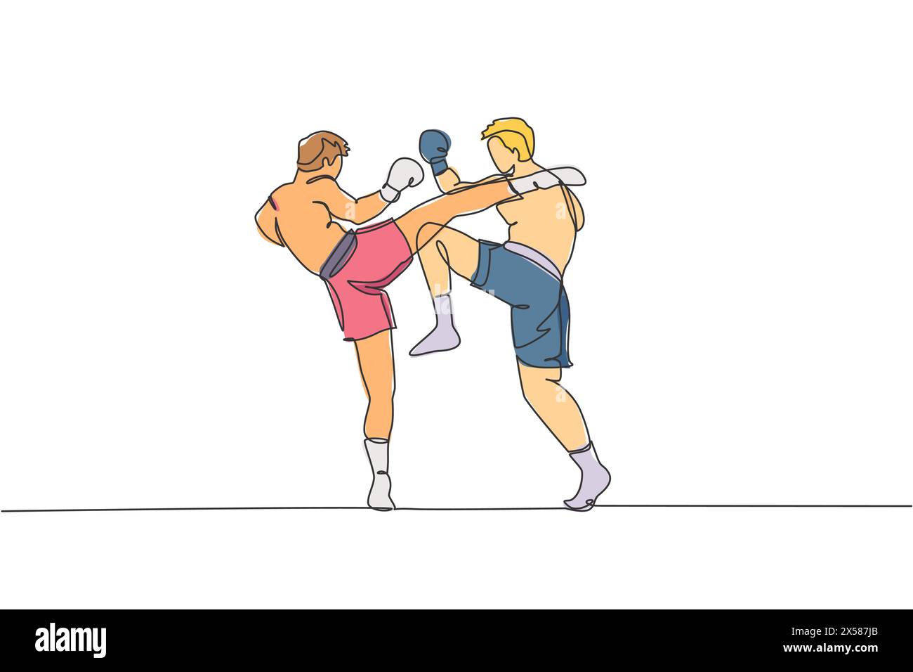 Single continuous line drawing of two young sportive men train fight ...