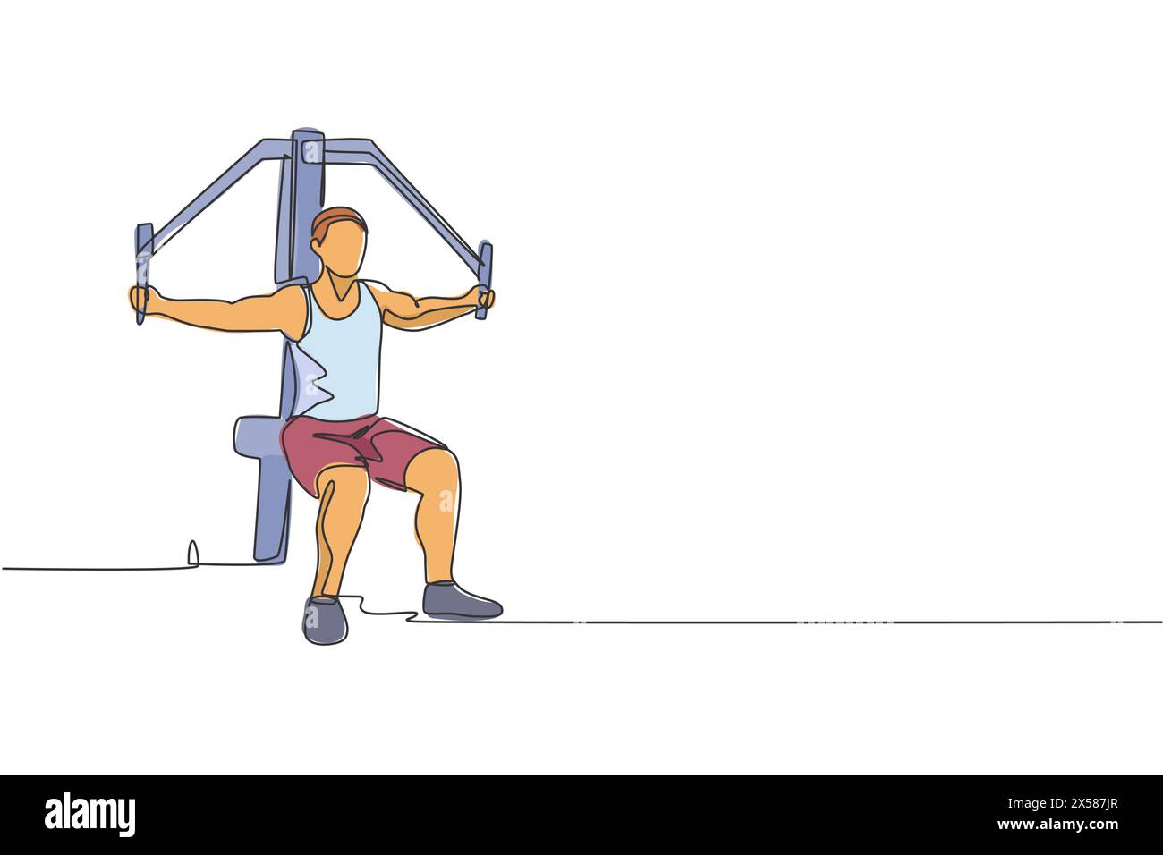 One single line drawing young energetic man exercise with hammer strength machine in gym fitness ...