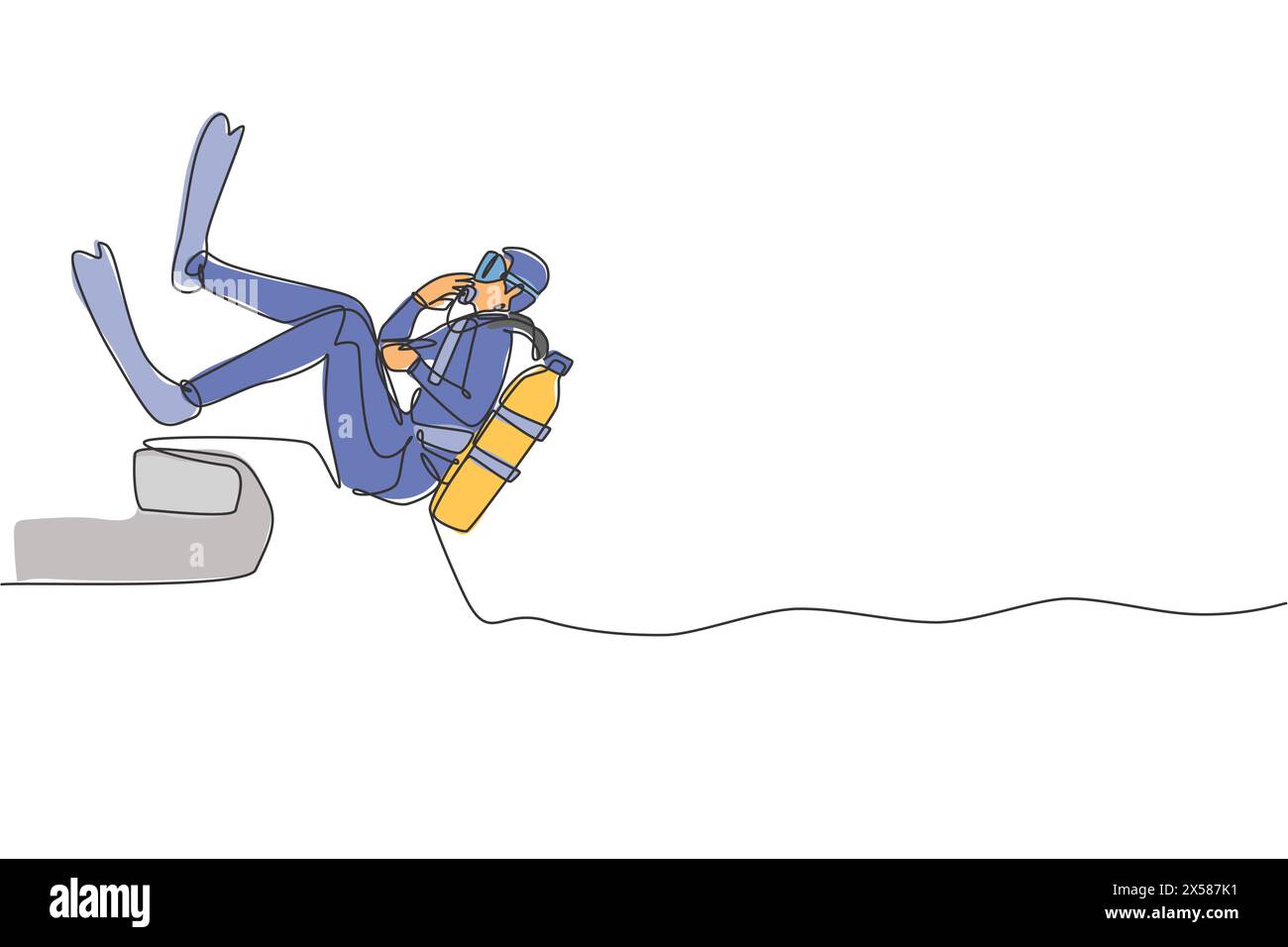 One continuous line drawing young sporty man jump down into the sea ...