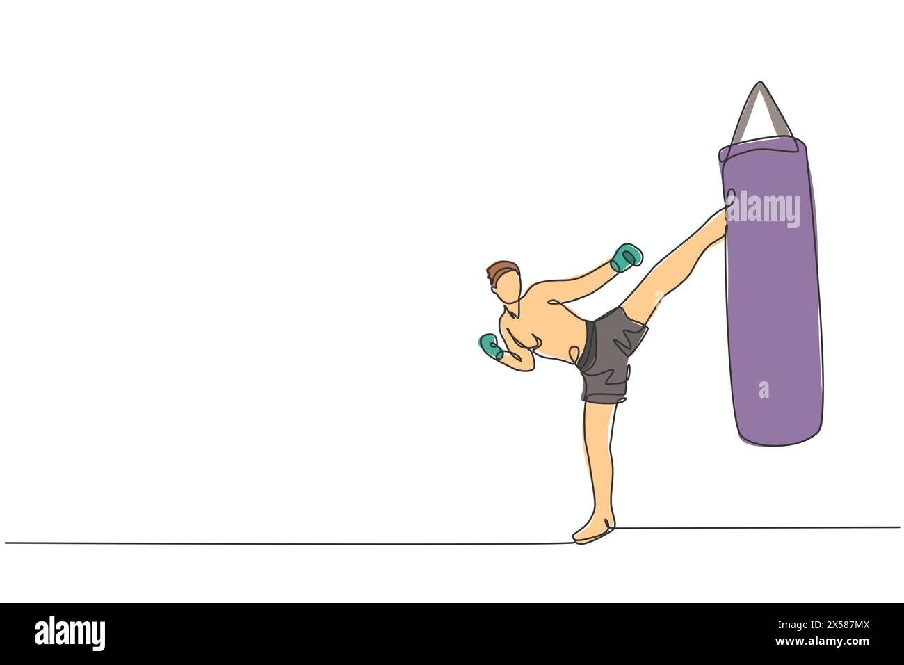 Single continuous line drawing of young sportive man kickboxer exercise ...