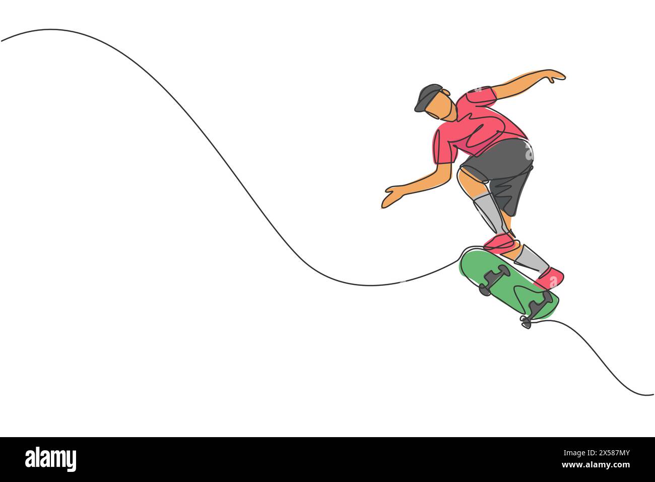 One continuous line drawing of young cool skateboarder man riding ...