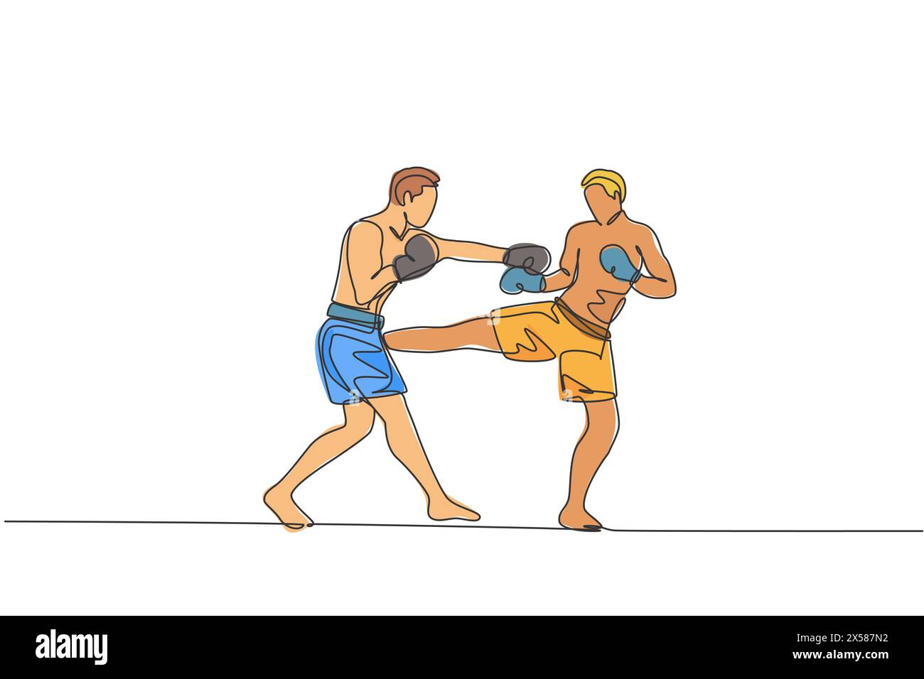 One single line drawing of young energetic man kickboxer fighting in ...