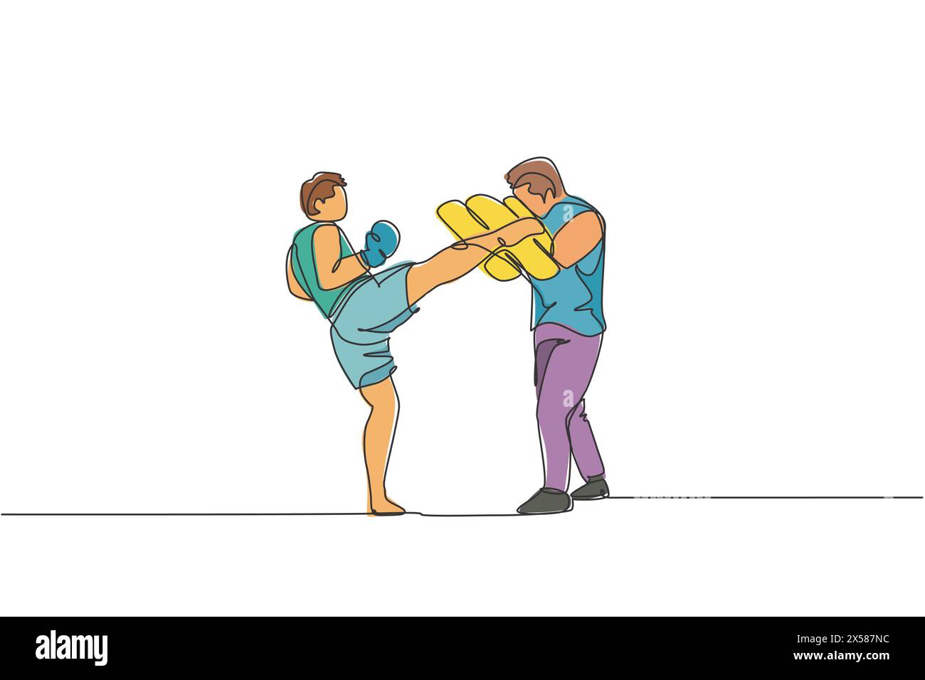 Single continuous line drawing of young sportive man kickboxer exercise ...