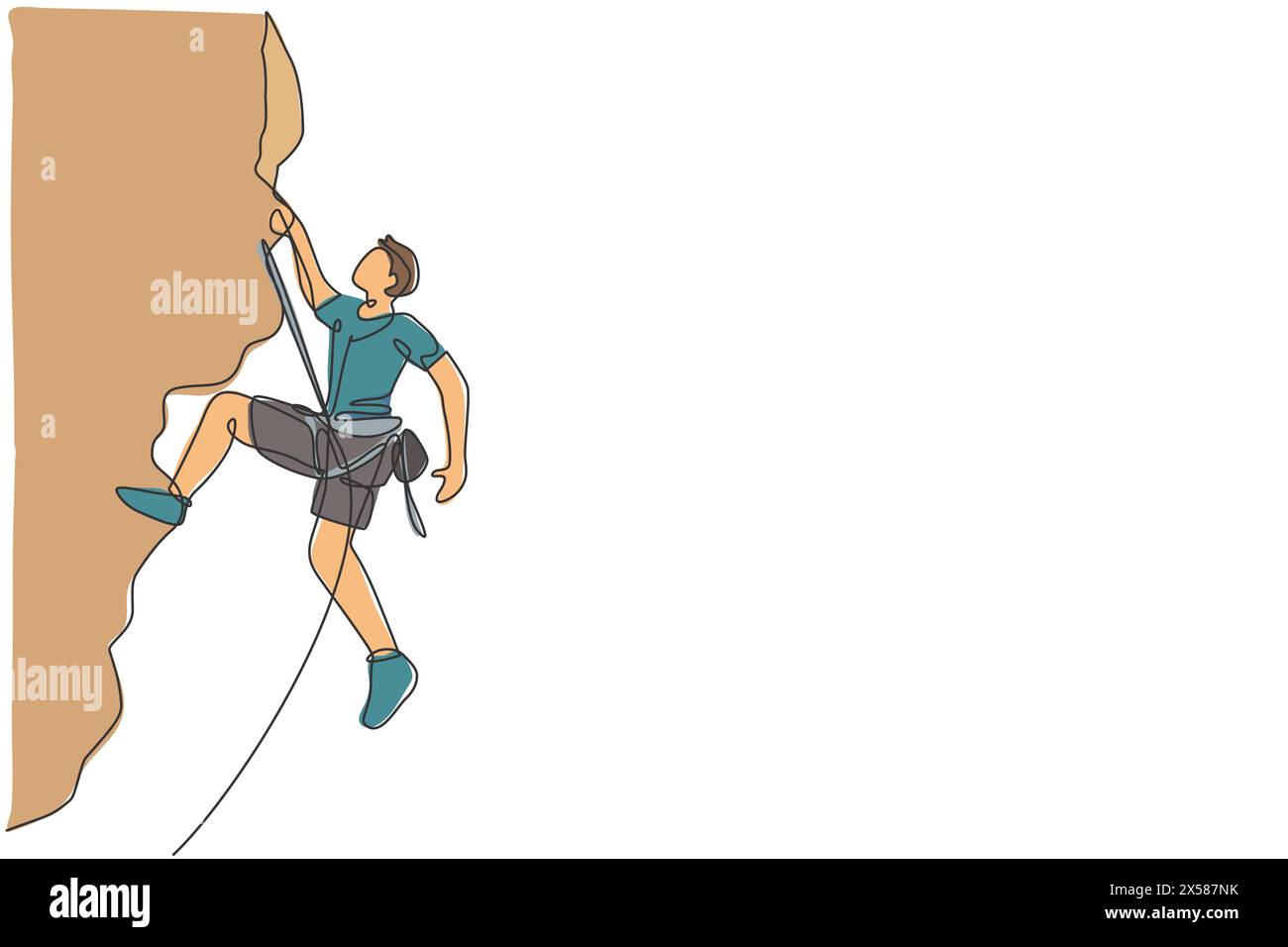 Single continuous line drawing of young muscular rockclimber man ...