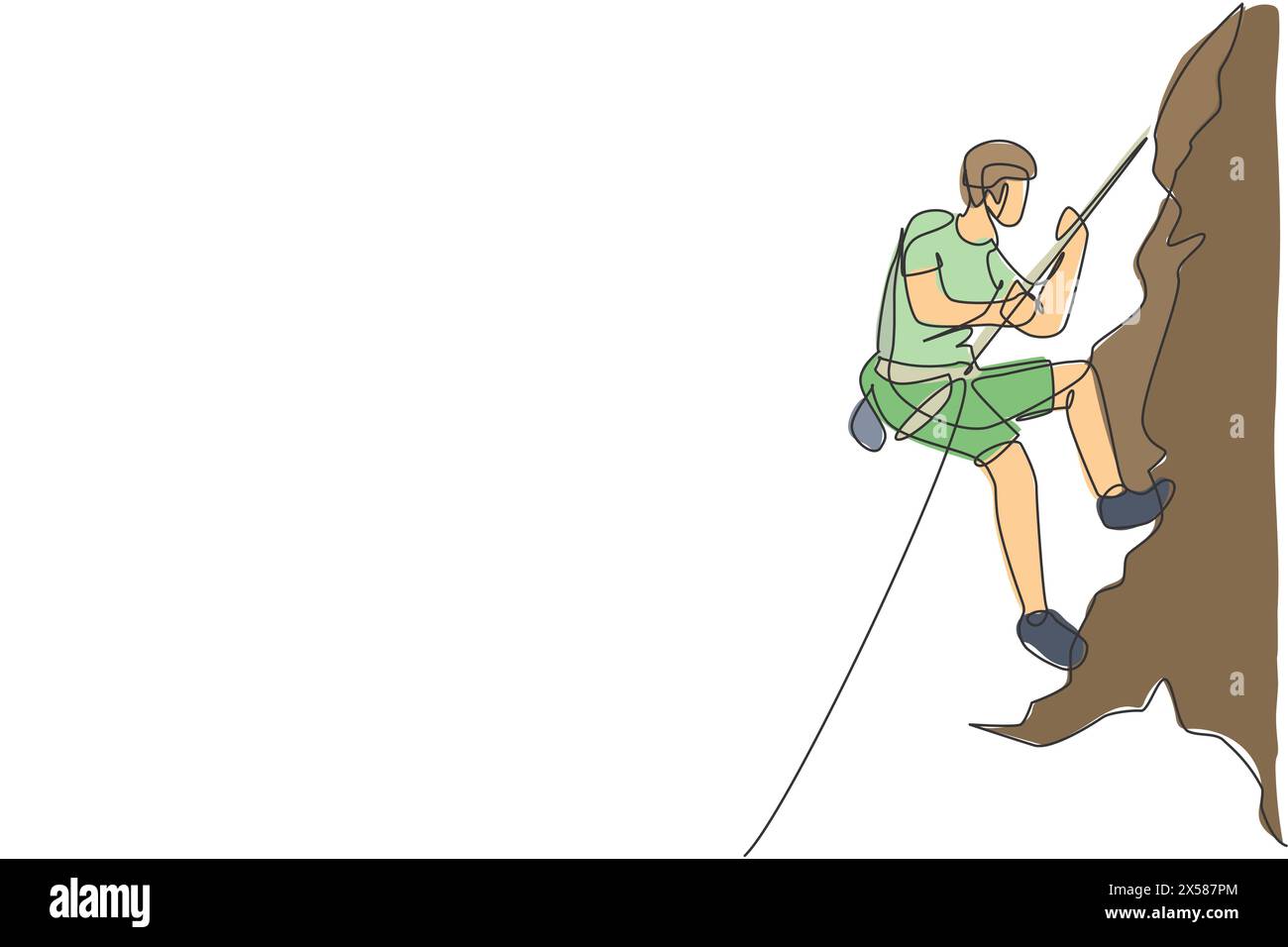 One continuous line drawing of young bravery climber man practice ...