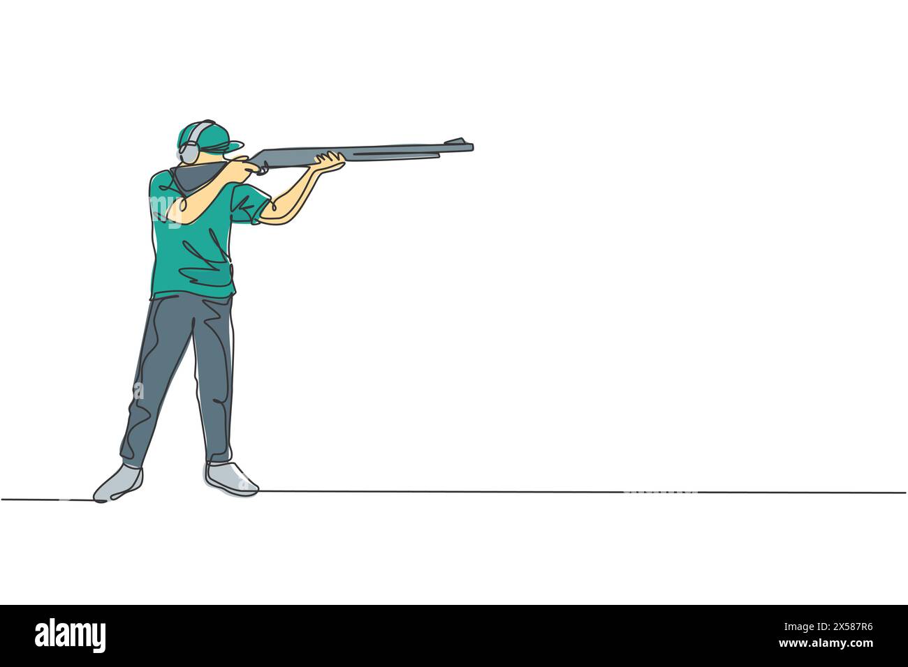 One continuous line drawing of young man on shooting training ground ...