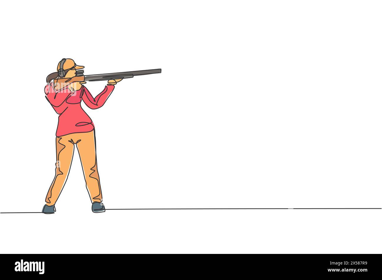 One continuous line drawing of young woman on shooting training ground ...