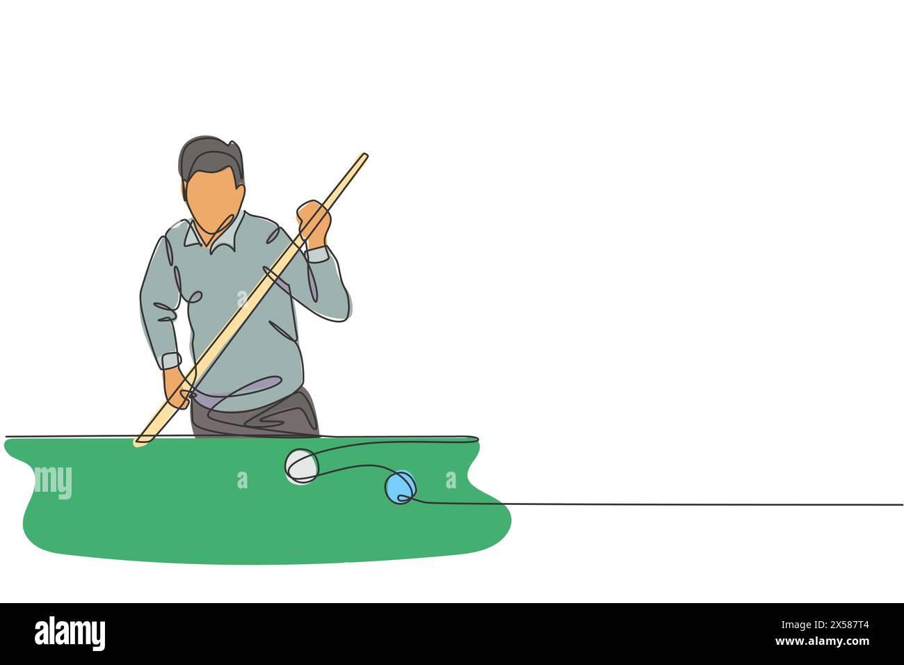 One single line drawing of young handsome man playing pool billiards at ...