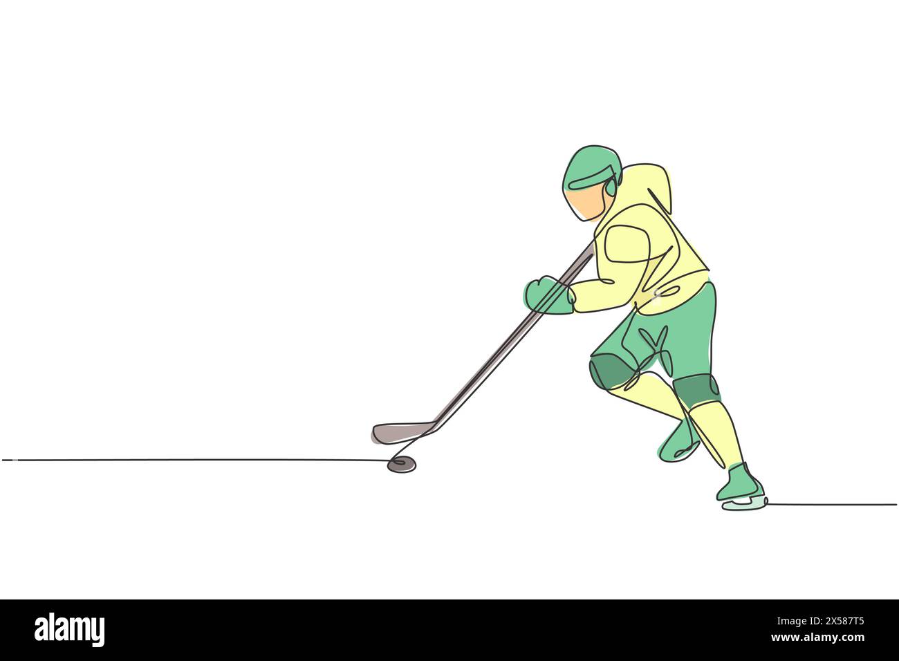 One single line drawing of young ice hockey player in action to play a ...