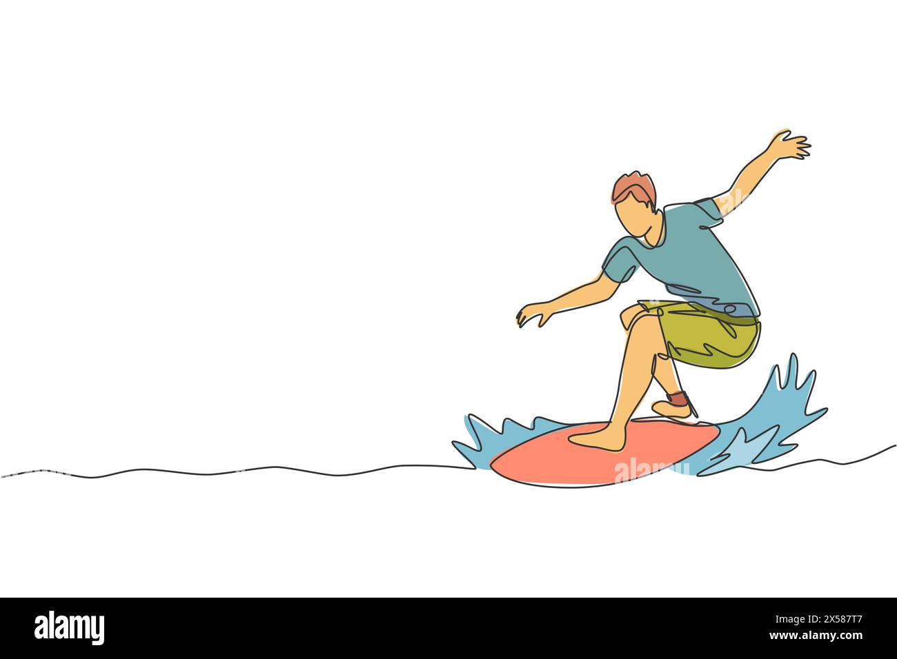 One continuous line drawing young happy tourist surfer exercising ...