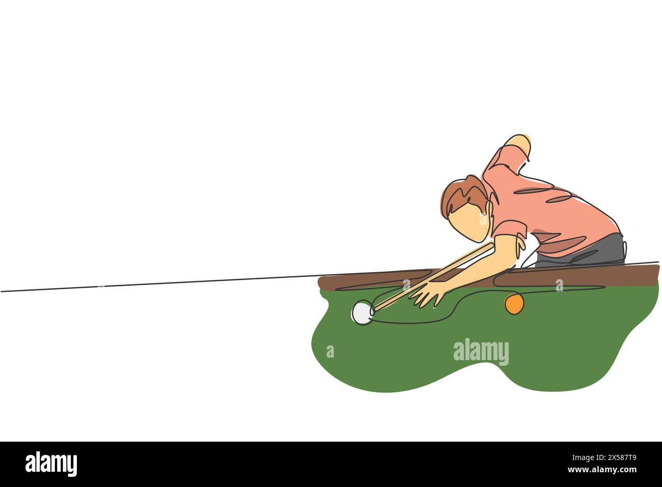 One single line drawing of young handsome man playing pool billiards at ...